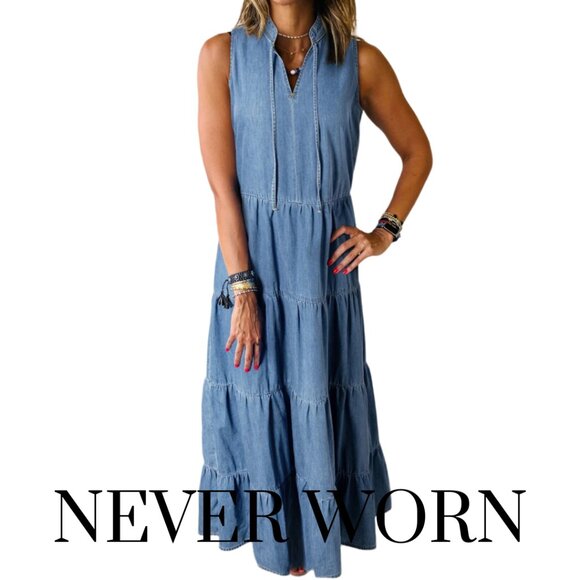 Dresses | Real Teal Sleeveless Tiered Light Blue Chambray Maxi Dress | Poshmark